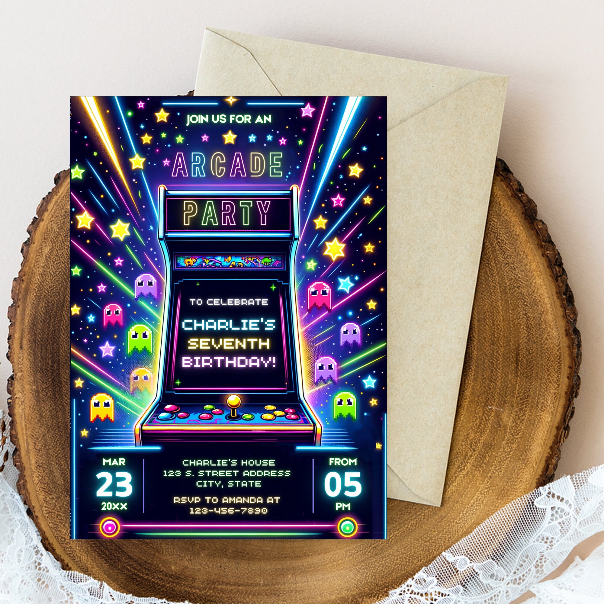Editable Arcade Party Birthday Invitation Card Printable Template ...