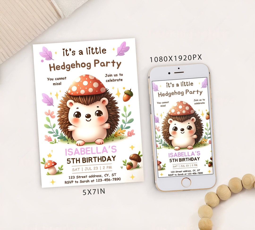 Editable Hedgehog Girls Birthday Party Invitation Card Template ...
