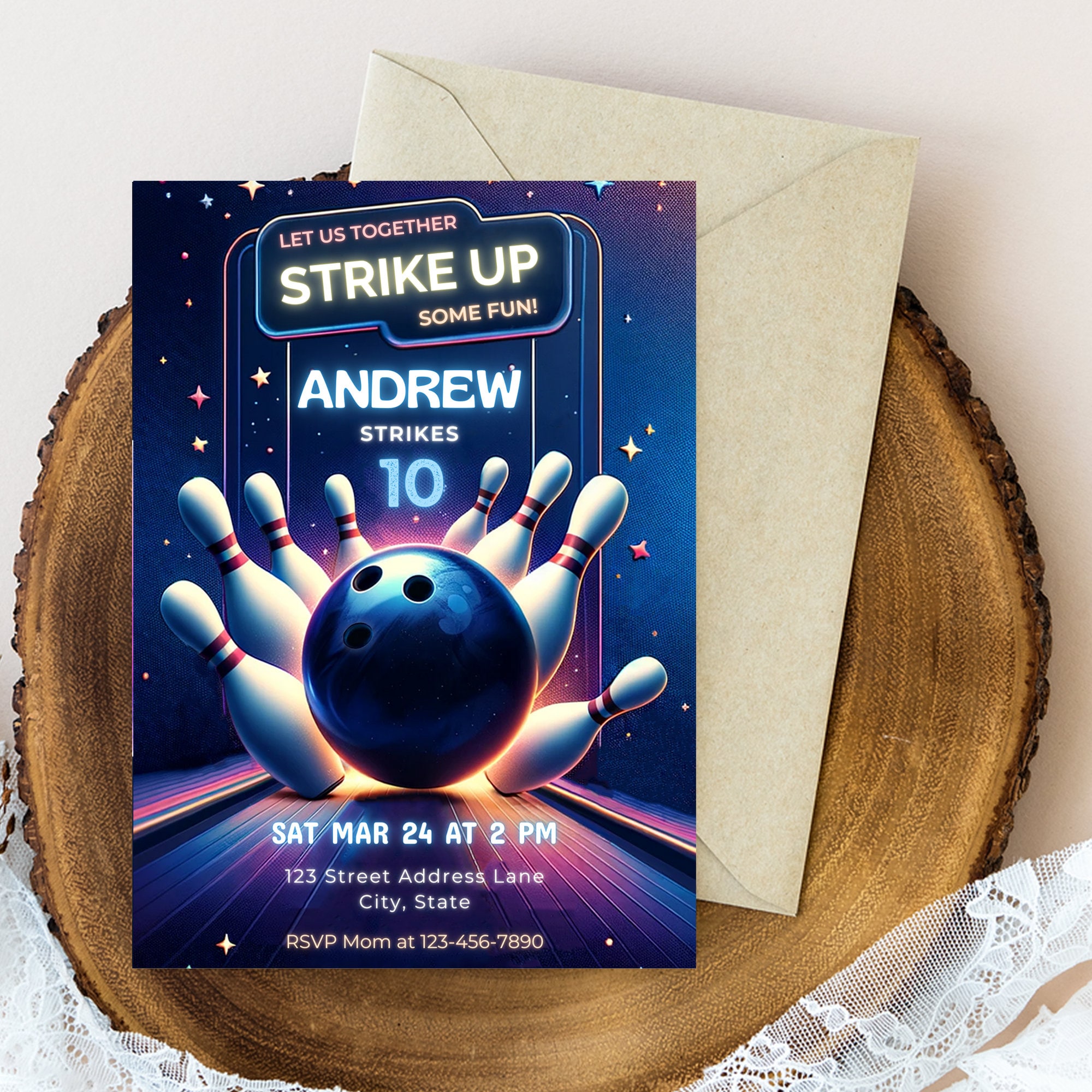 Editable Bowling Themed Birthday Party Invitation Card Template ...