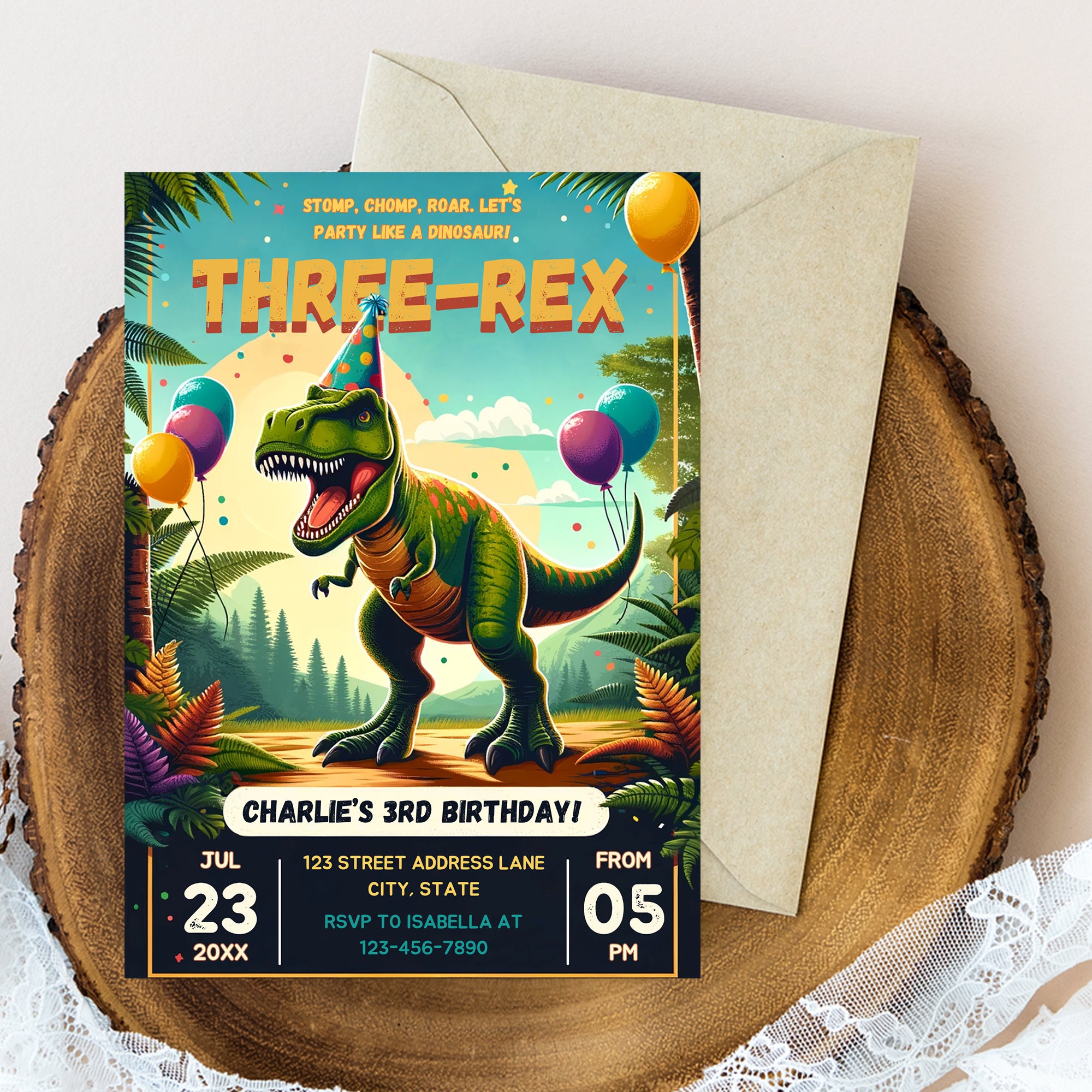 Editable Three Rex Third Birthday Party Invitation Card Template ...