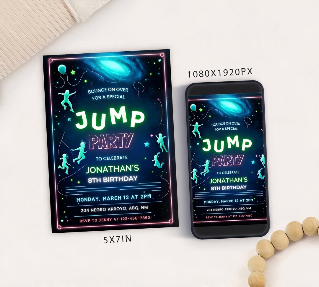 Editable Trampoline Park JUMP Birthday Party Invitation Card Template ...