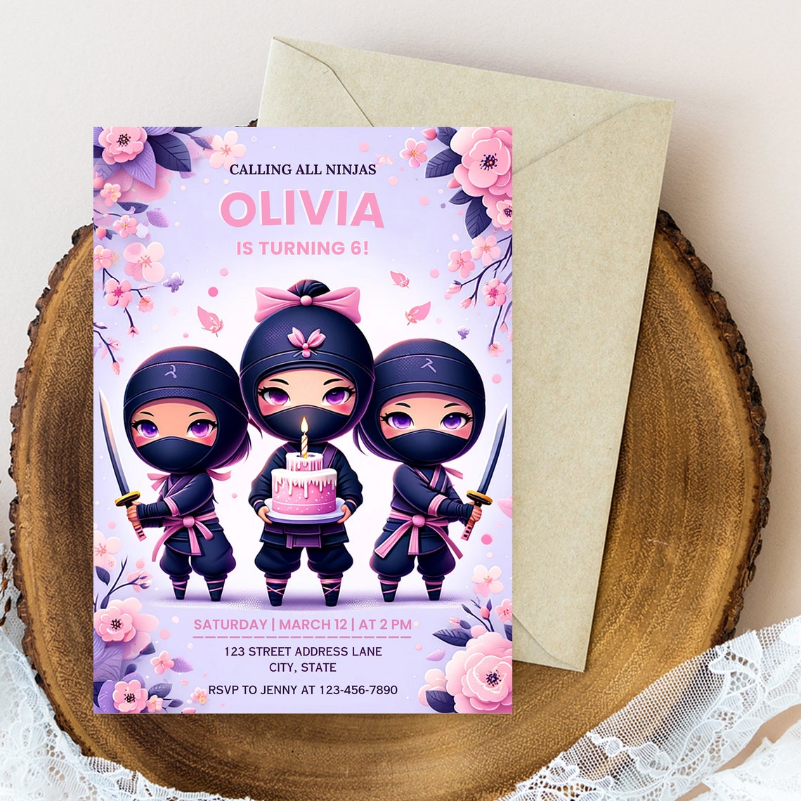 Girl Ninja Birthday Party Invitation Card Template, Girl Martial Arts ...