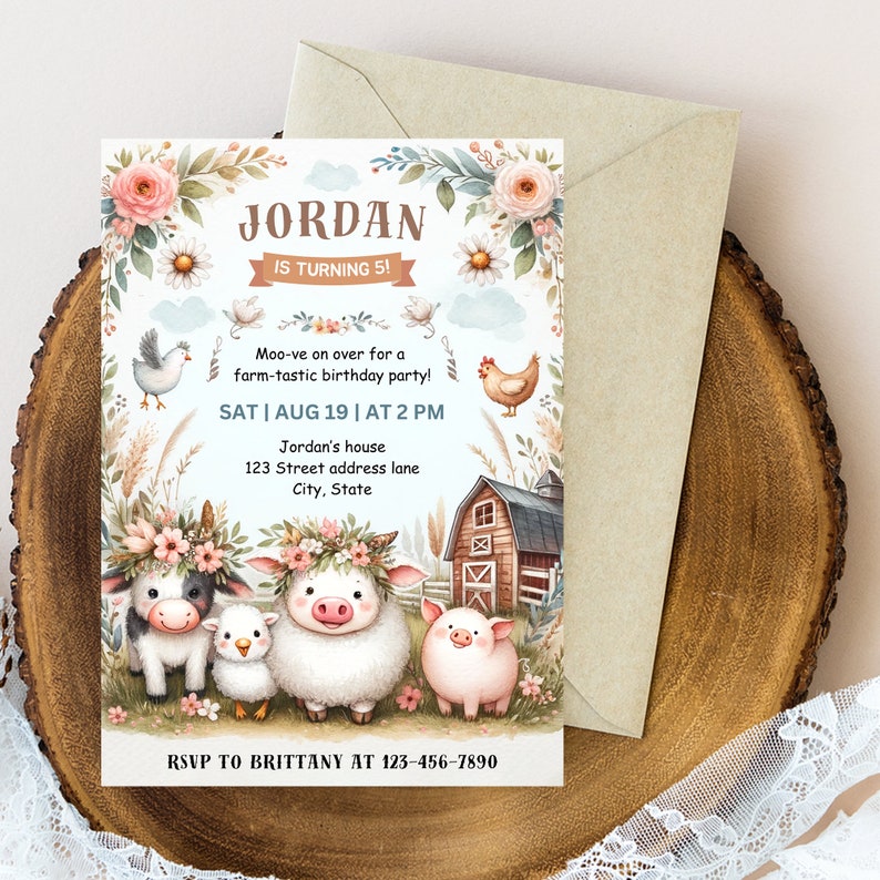 Editable Farm Party Animals Birthday Party Invitation Card, Digital ...