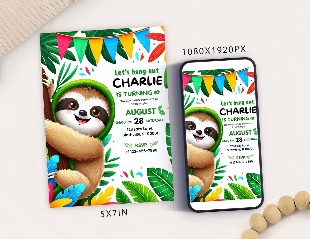 Editable Sloth Birthday Party Invitation Card, Sloth Birthday Invite ...