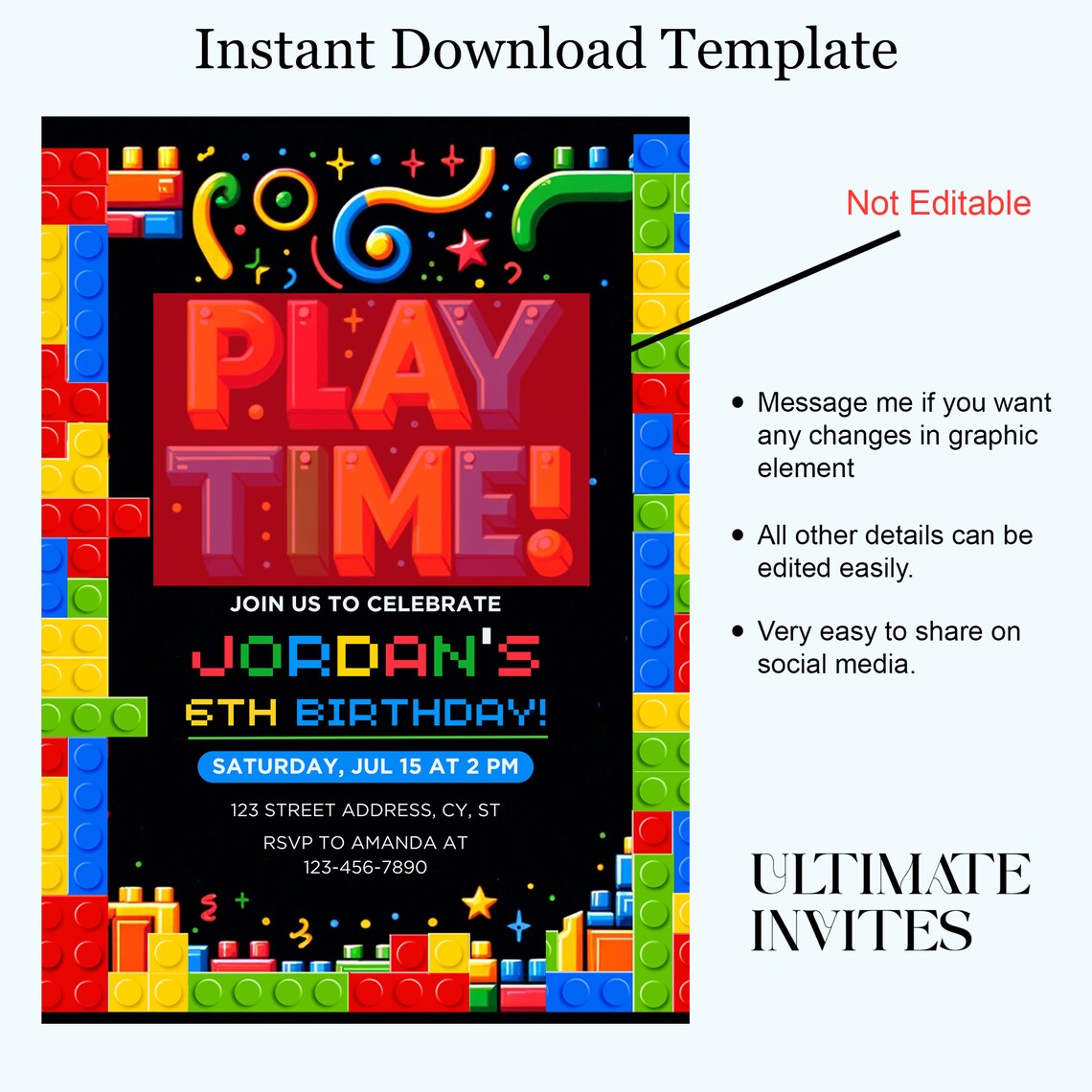 Editable Building Blocks Invitation Card Editable Template, Kids Blocks ...