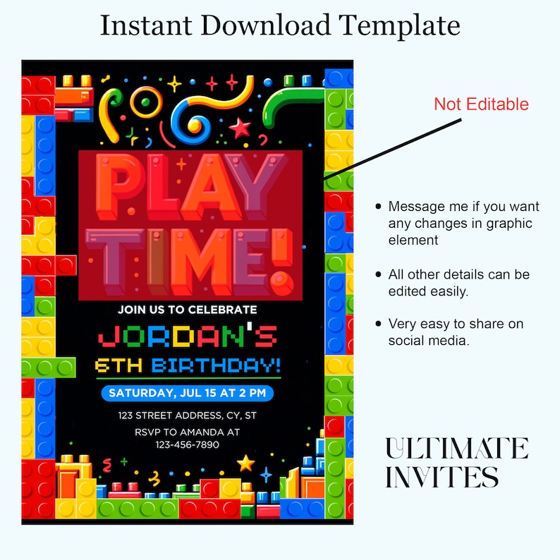 Editable Building Blocks Invitation Card Editable Template, Kids Blocks ...