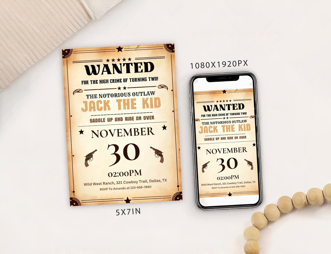 Editable Wanted Poster Western Cowboy Invitation, Cowboy Birthday Party ...