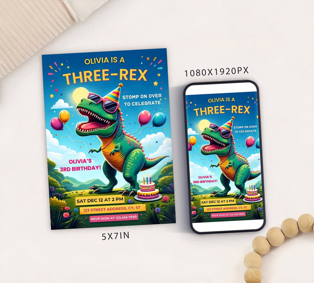 Editable Three Rex Birthday Invitation: Dinosaur Party, Girl 3rd ...