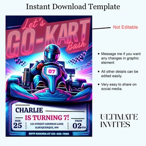 Editable Go Kart Birthday Party Invitation Card Template, Digital Go ...