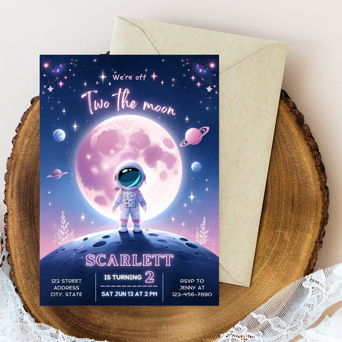 Editable Girl Two the Moon Birthday Party Invitation Card Template ...