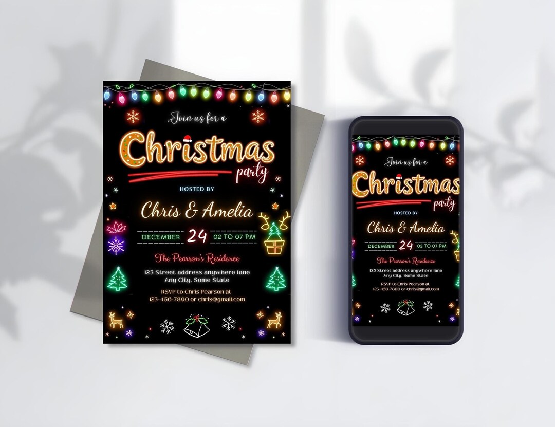 Editable Neon Christmas Party Invitation: Digital Holiday Invite ...