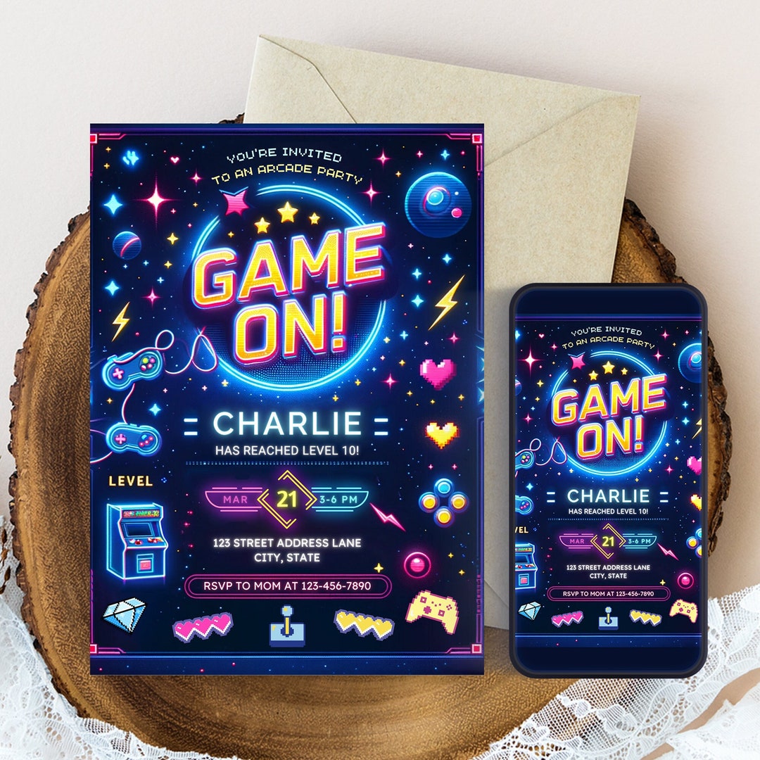 Editable Arcade Party Birthday Invitation Card Printable Template ...