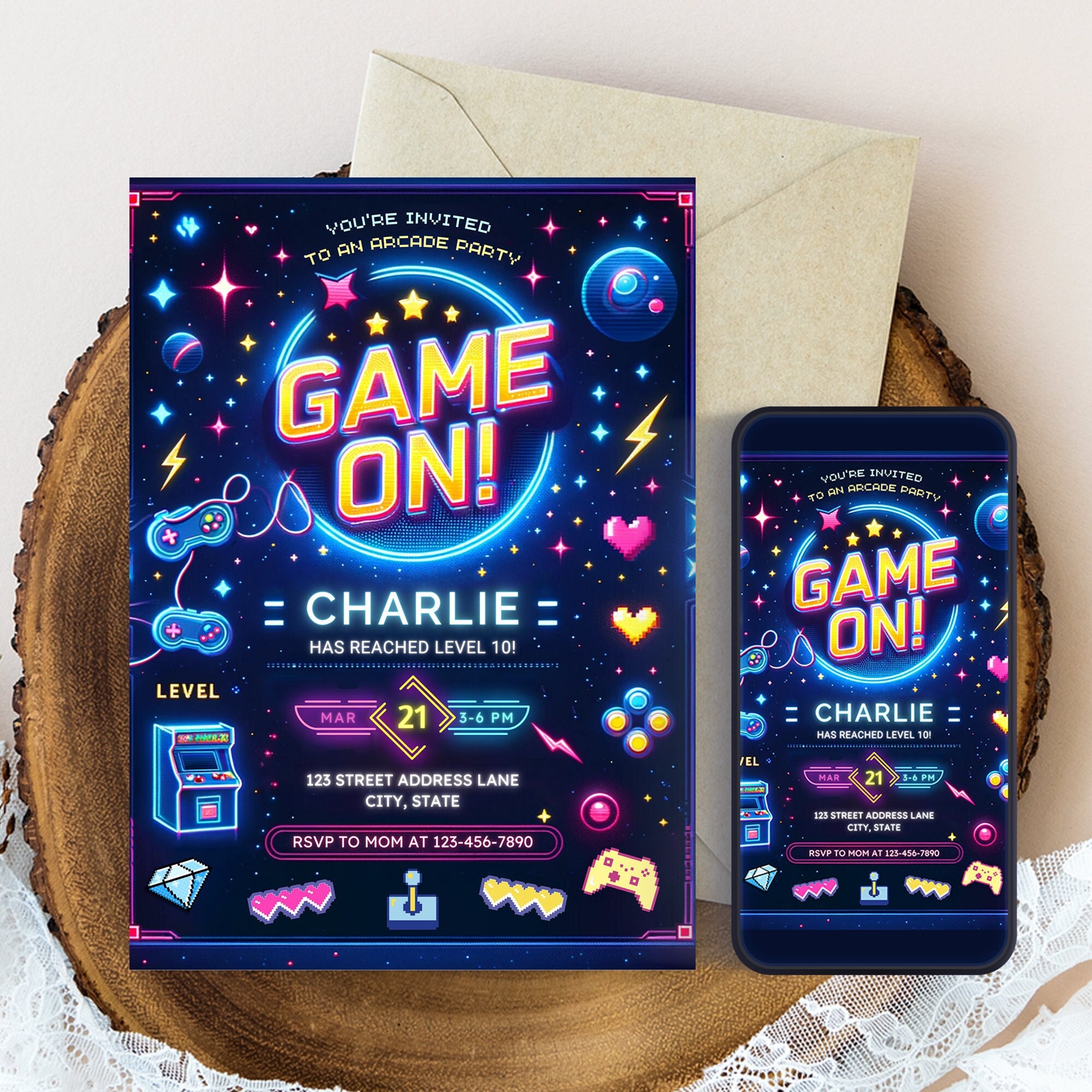 Editable Arcade Party Birthday Invitation Card Printable Template ...