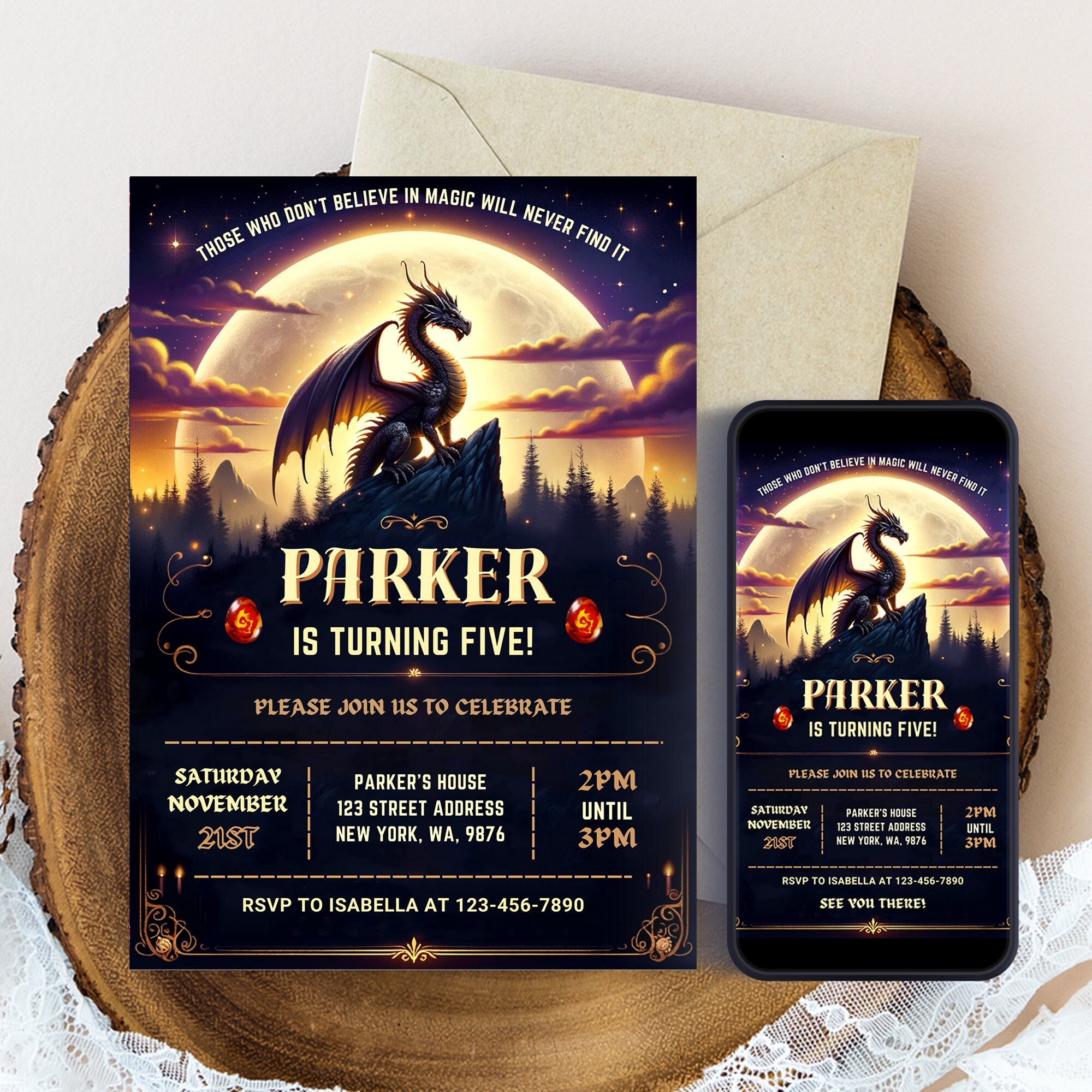 Editable Realistic Dragon Birthday Party Invitation Card Editable ...