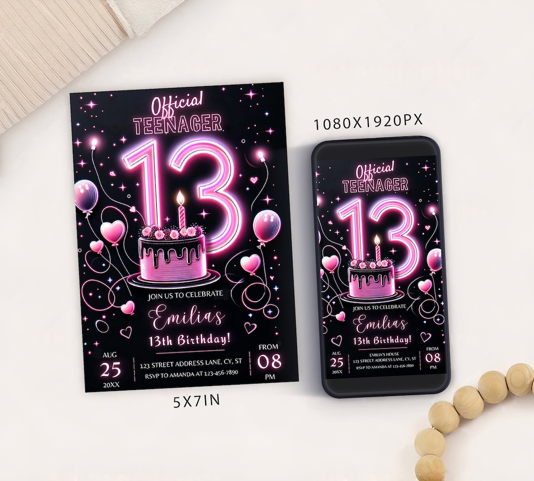 Editable Girl 13th Birthday Party Invitation Template, Digital 13th ...