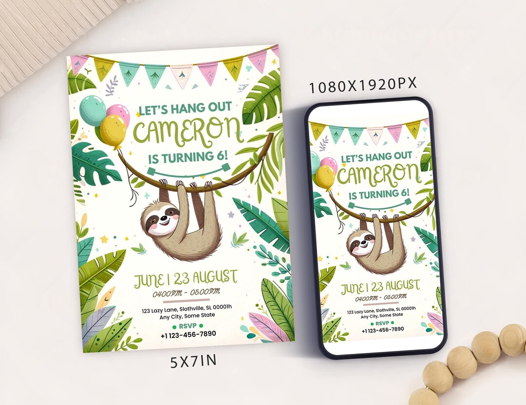 Editable Sloth Birthday Party Invitation Card, Sloth Birthday Invite ...