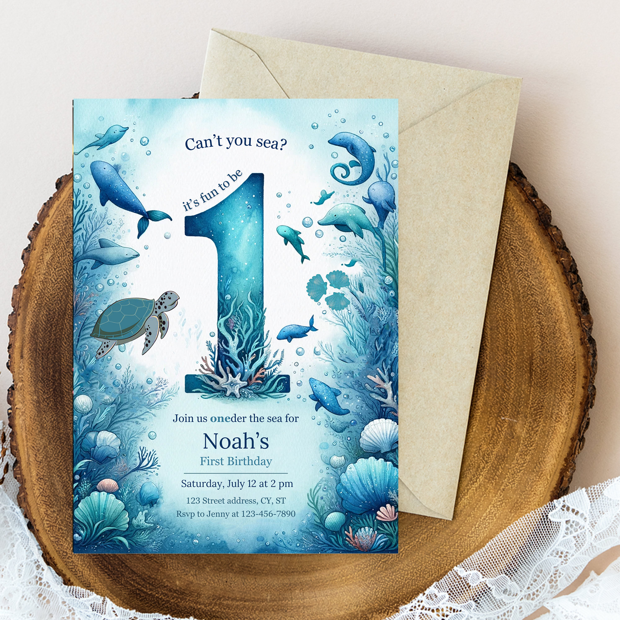 Editable 1st Birthday Under the Sea Party Invitation Card Template ...
