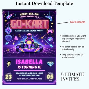 Go Kart Birthday Invitation: Arcade Party, Laser Tag (digital Evite) - Etsy