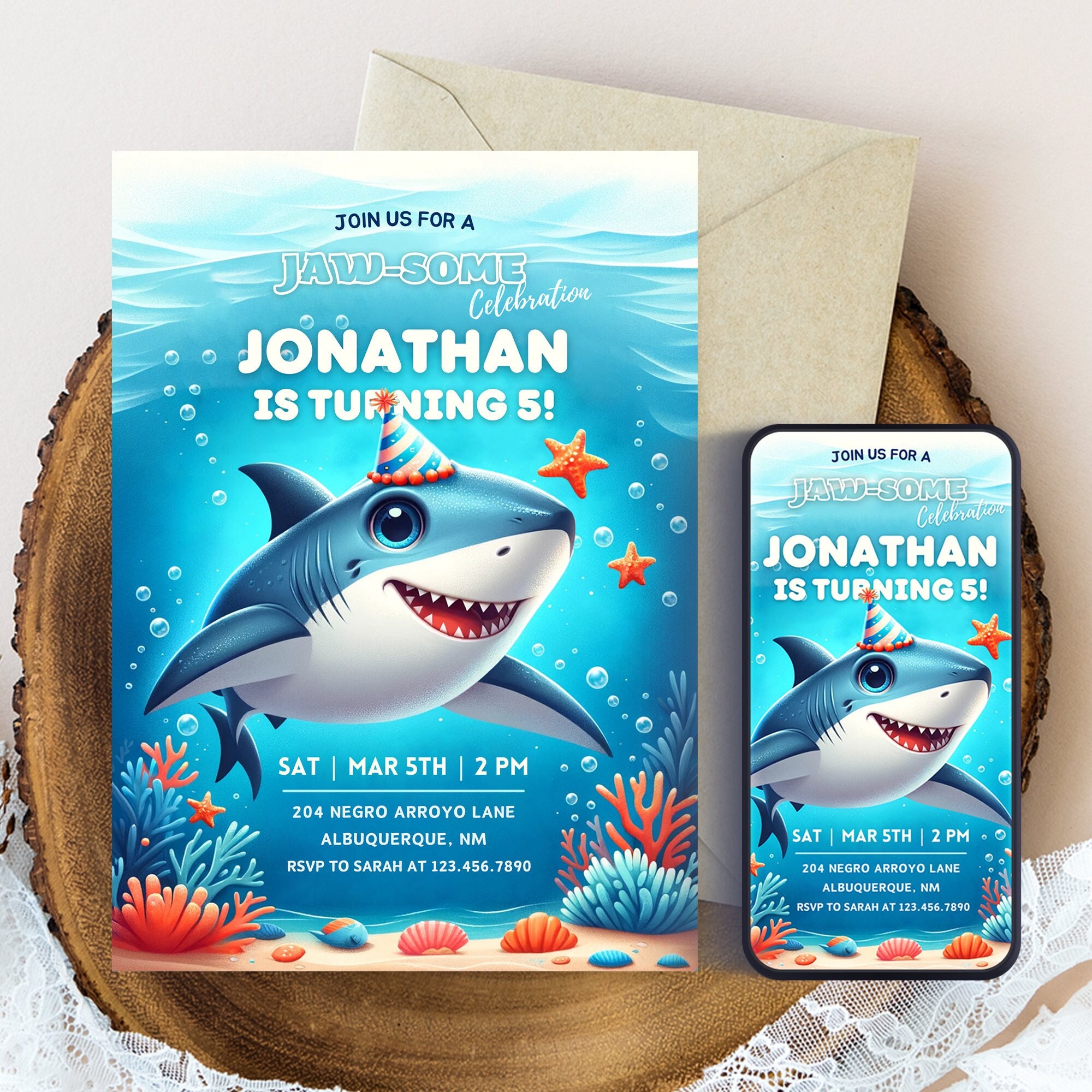 Editable Shark Birthday Party Invitation Card, Under the Sea Kids Shark ...
