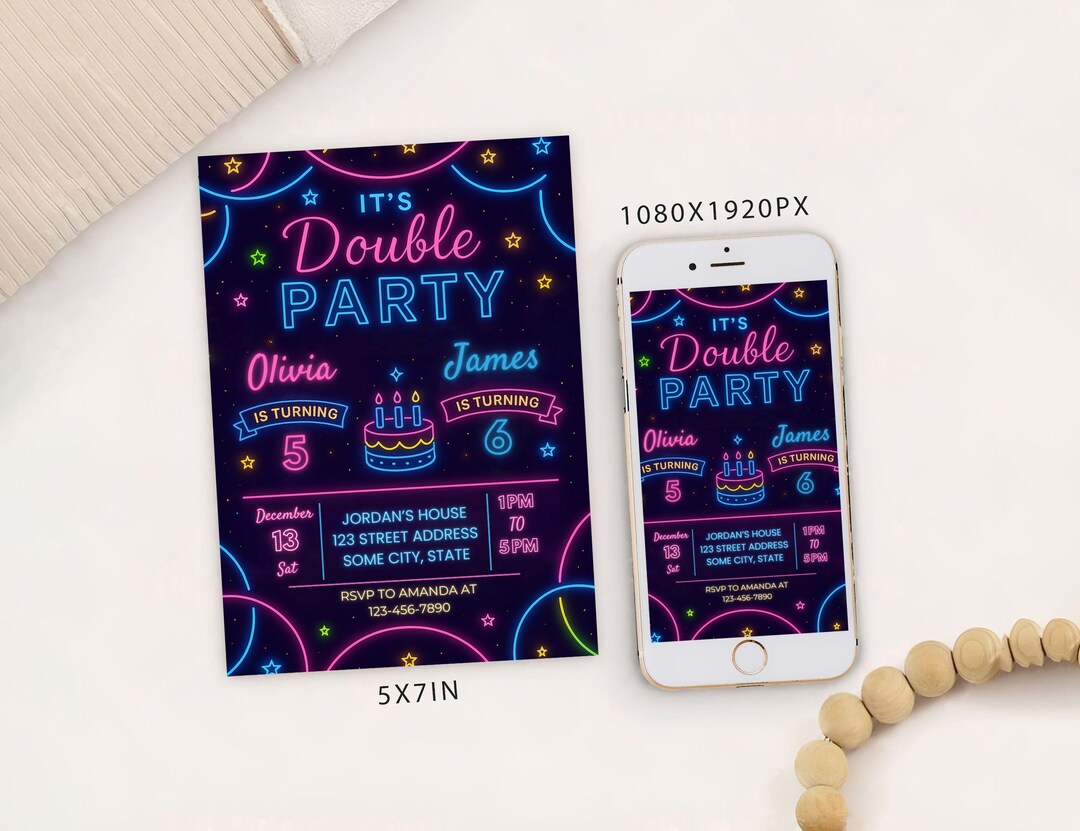 Neon Sibling Birthday Invitation: Editable Double Party Template ...