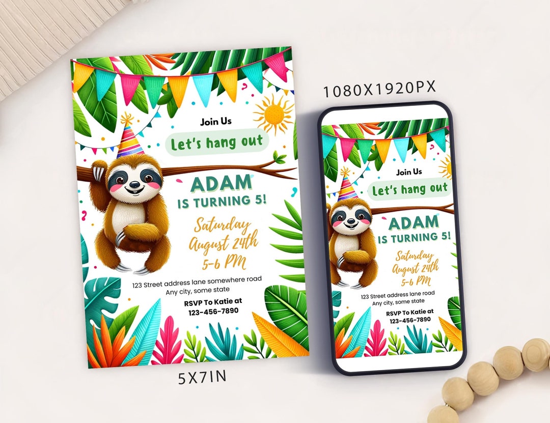 Editable Sloth Birthday Party Invitation Card, Sloth Birthday Invite ...