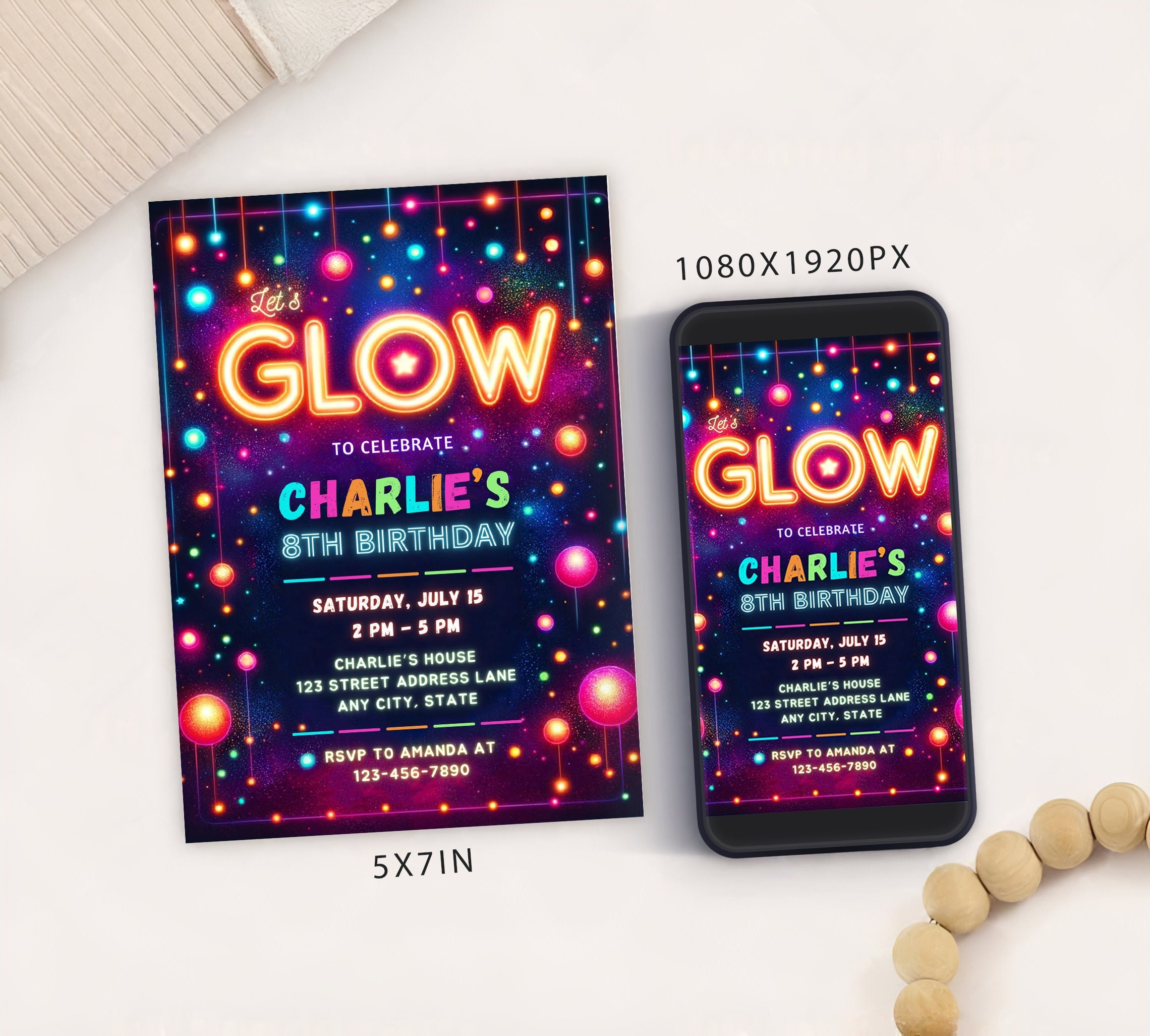 Editable Neon Glow Birthday Party Invitation Card Editable Template ...