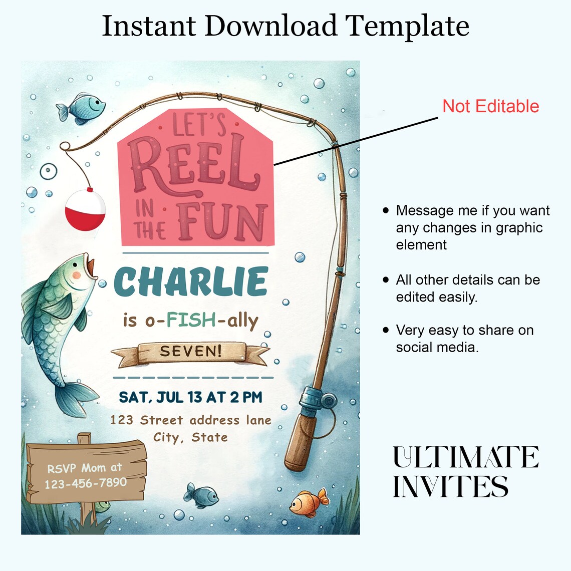 Editable Fishing Birthday Party Invitation Card Template, Digital ...