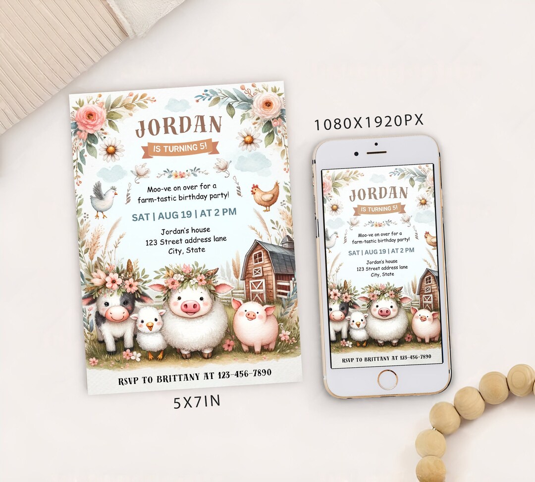 Editable Farm Party Animals Birthday Party Invitation Card, Digital ...