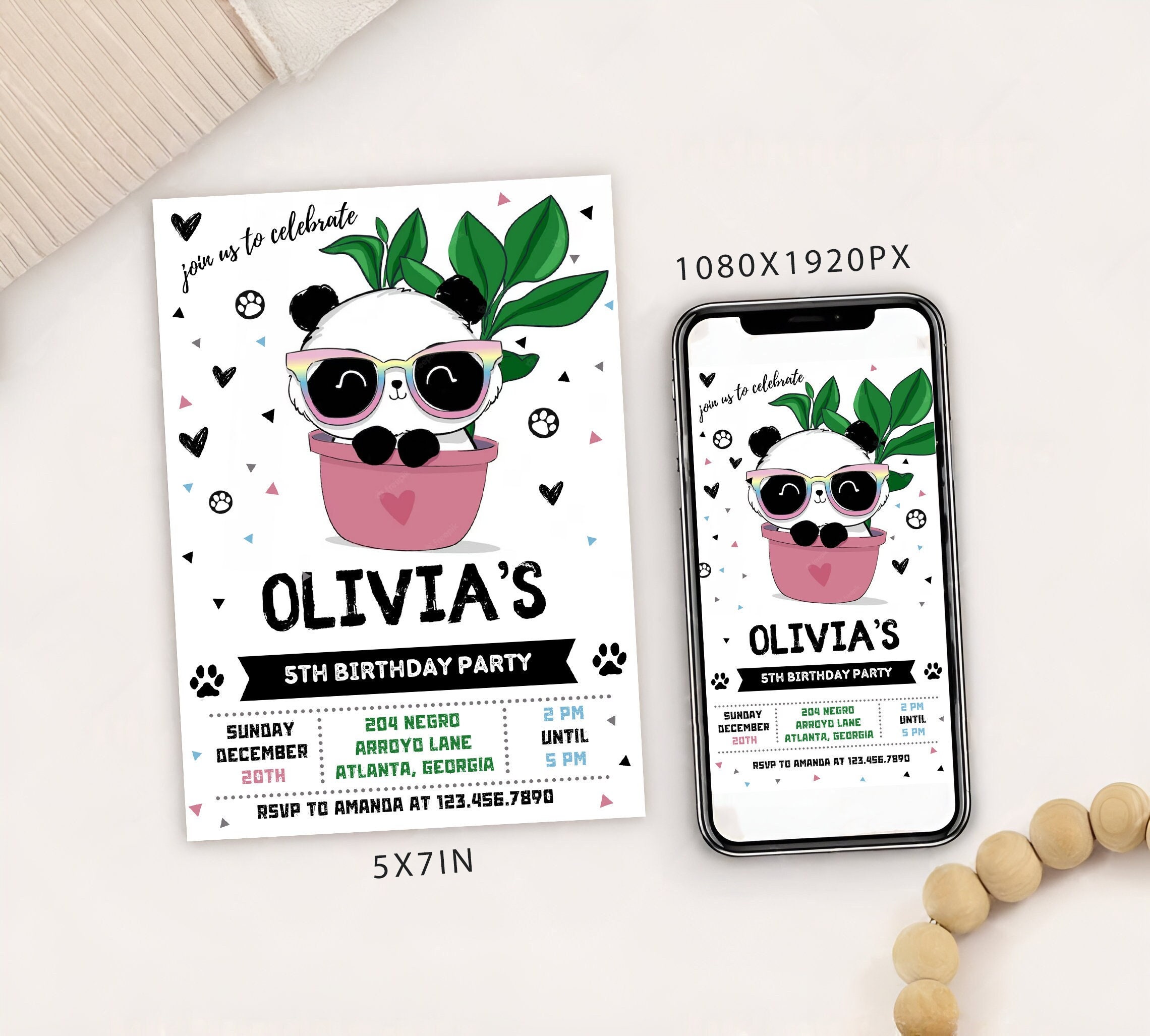 Cute Panda Birthday Party Invitation Card, Digital Printable Panda ...