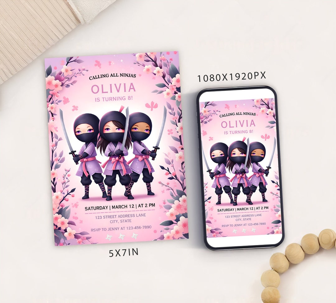 Girl Ninja Birthday Party Invitation Card Template, Girl Martial Arts ...