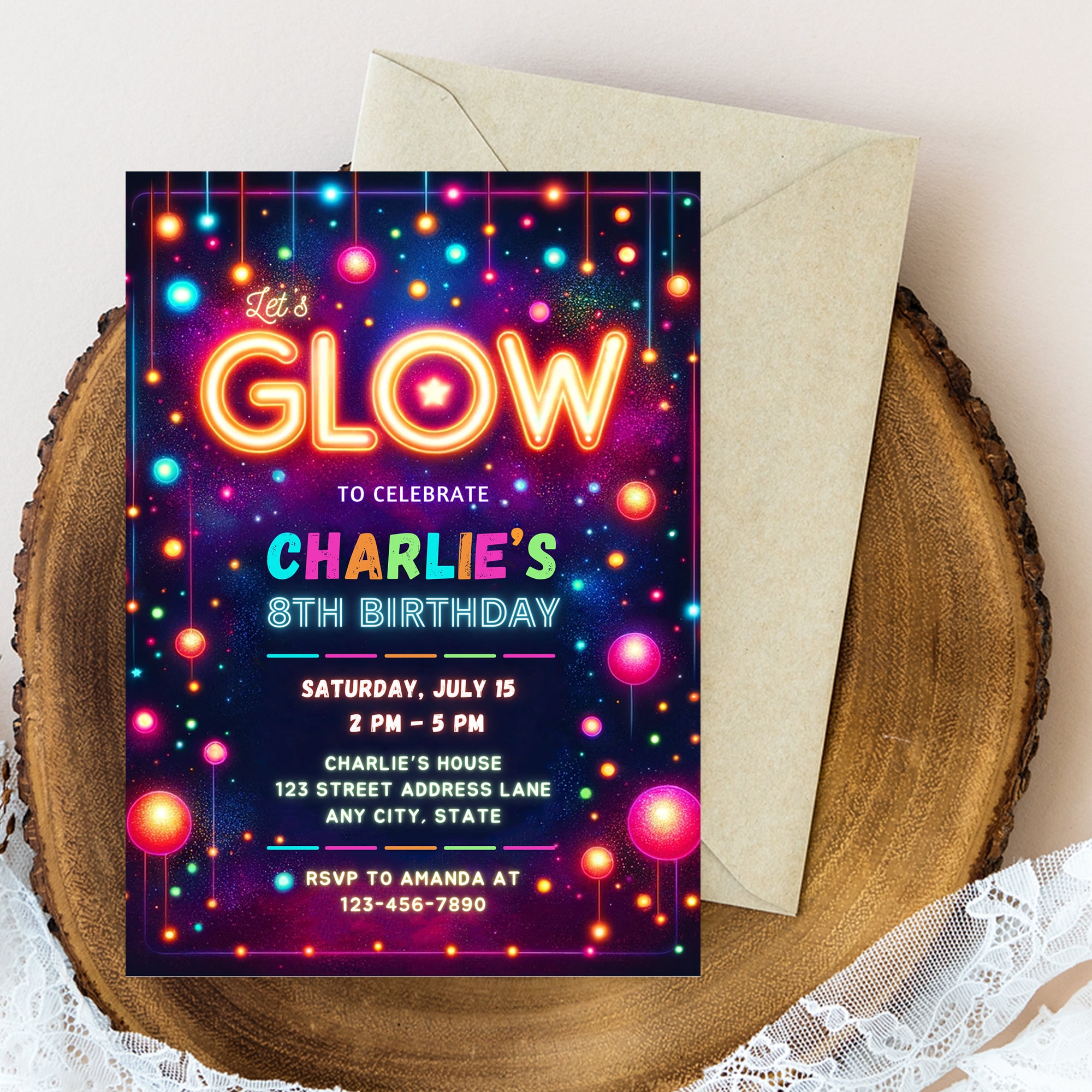 Editable Neon Glow Birthday Party Invitation Card Editable Template ...