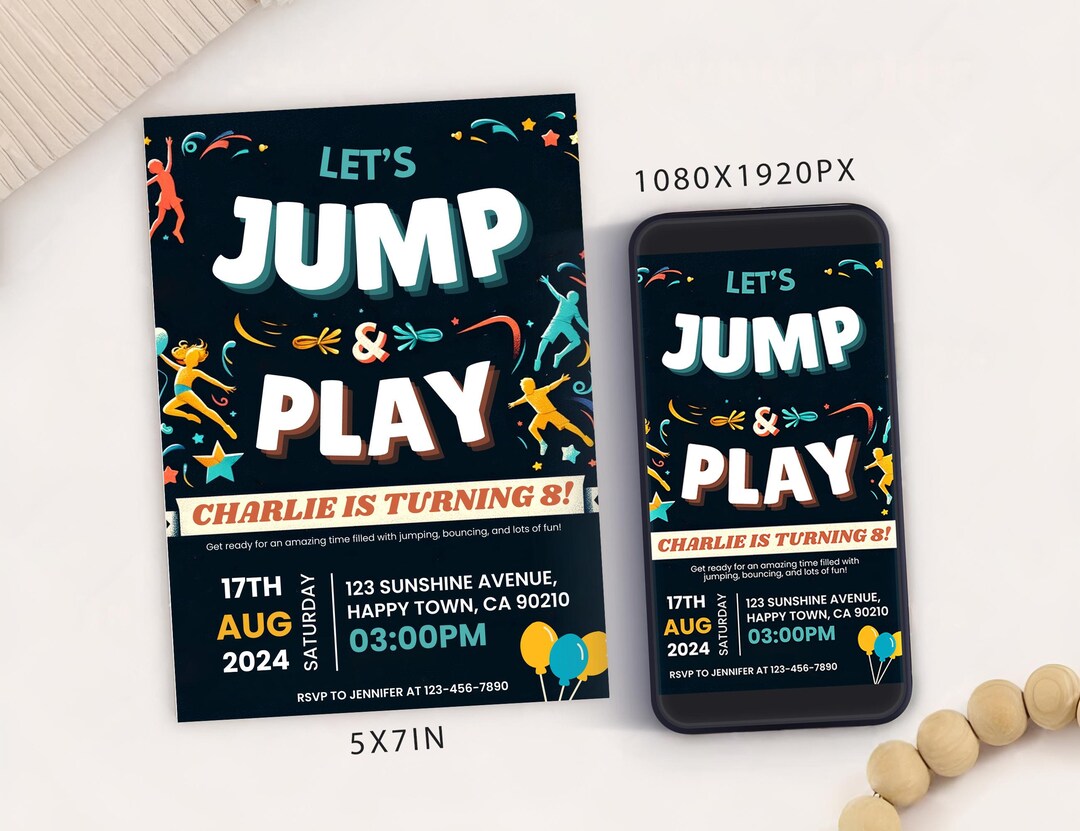 Editable Jump Birthday Party Invitation Card Template, Digital ...