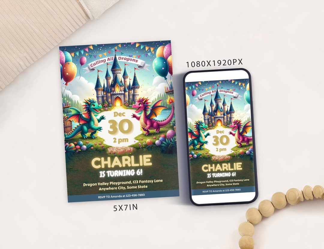 Editable Dragon Birthday Invitation: Fantasy Castle Invite (digital ...
