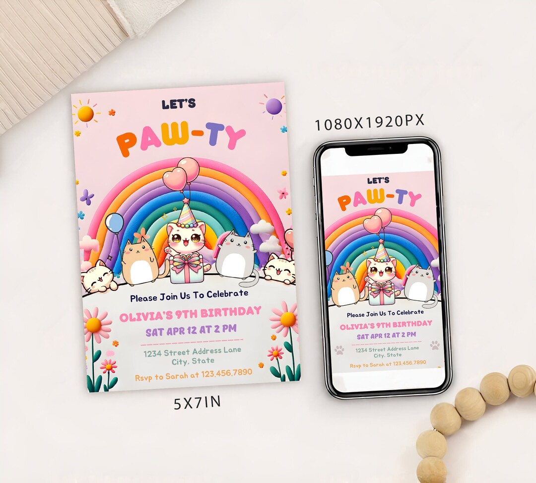Editable Cute Kawaii Cat Birthday Party Invitation Card Template ...