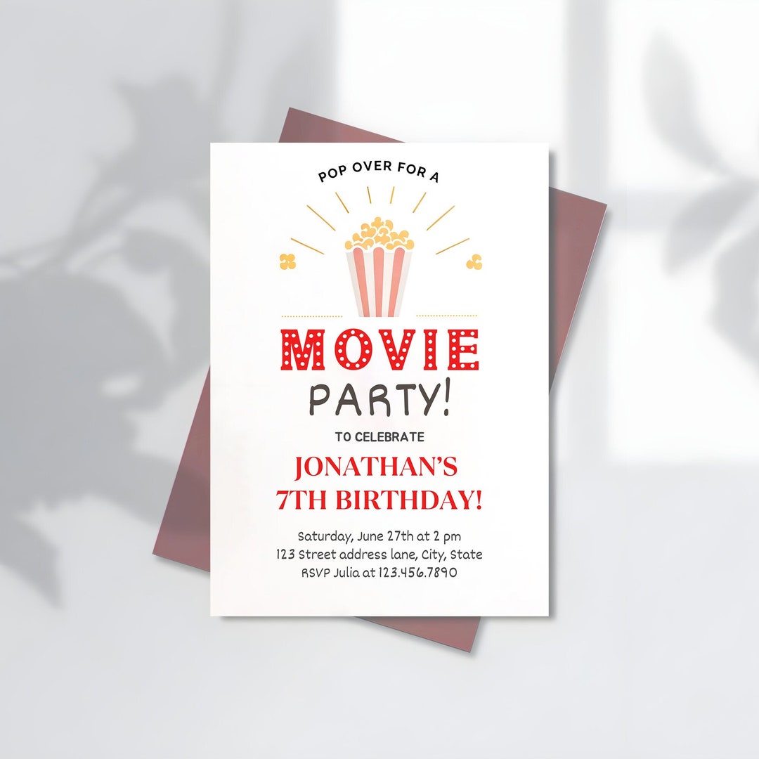 Editable Movie Night Birthday Party Invitation Card Template, Digital ...