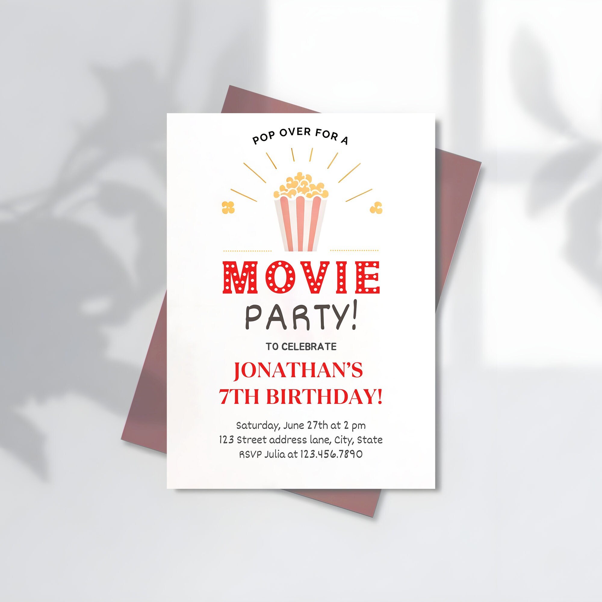 Editable Movie Night Birthday Party Invitation Card Template, Digital ...
