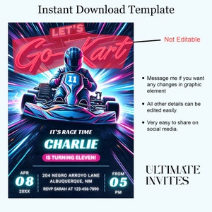 Editable Go Kart Birthday Party Invitation Card Template, Digital Go ...