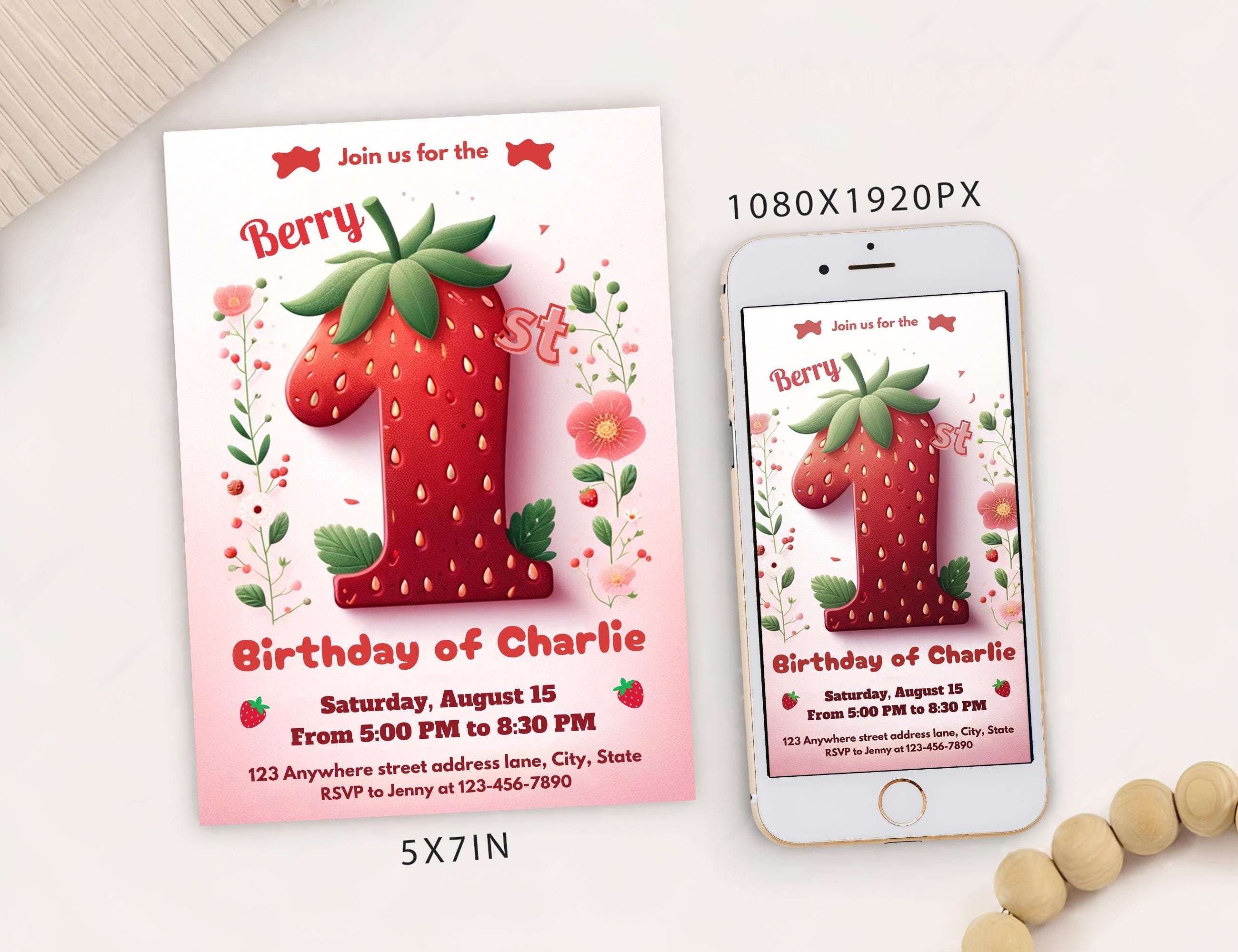 Editable Strawberry Berry First Birthday Party Invitation Card Template ...