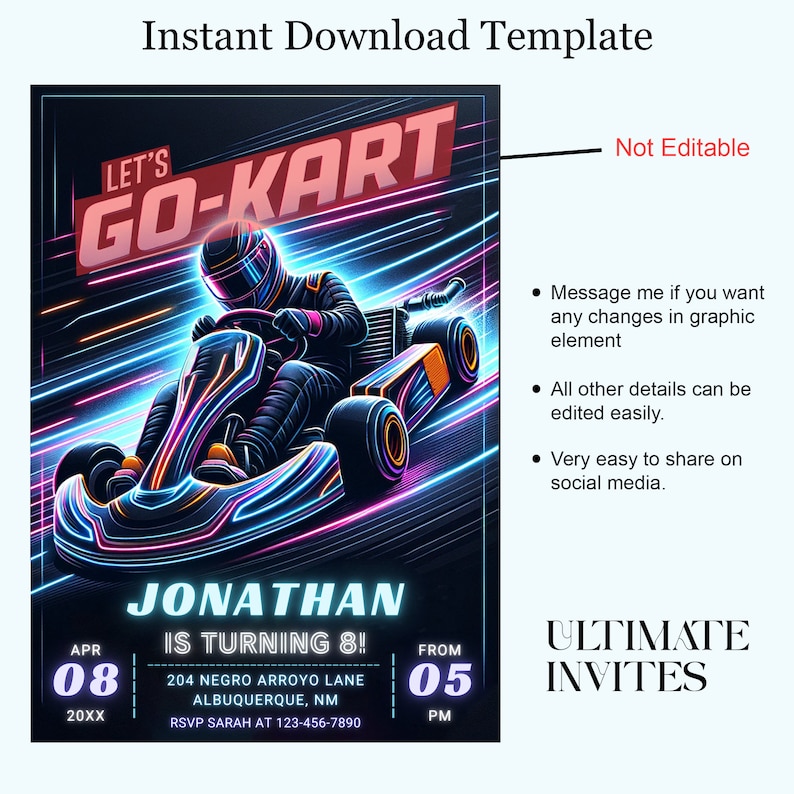 Editable Go Kart Birthday Party Invitation Card Template, Digital Go ...