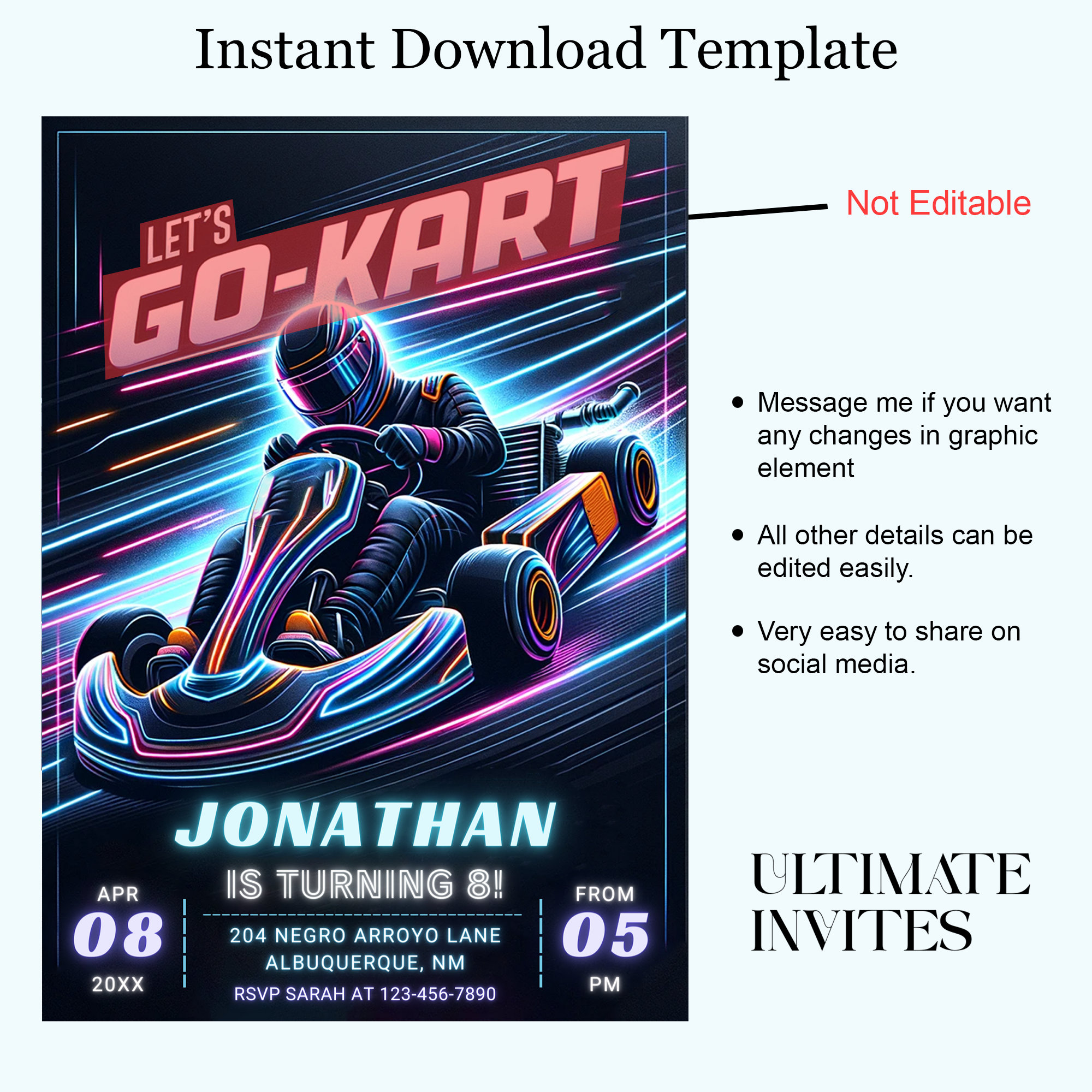 Editable Go Kart Birthday Party Invitation Card Template, Digital Go ...