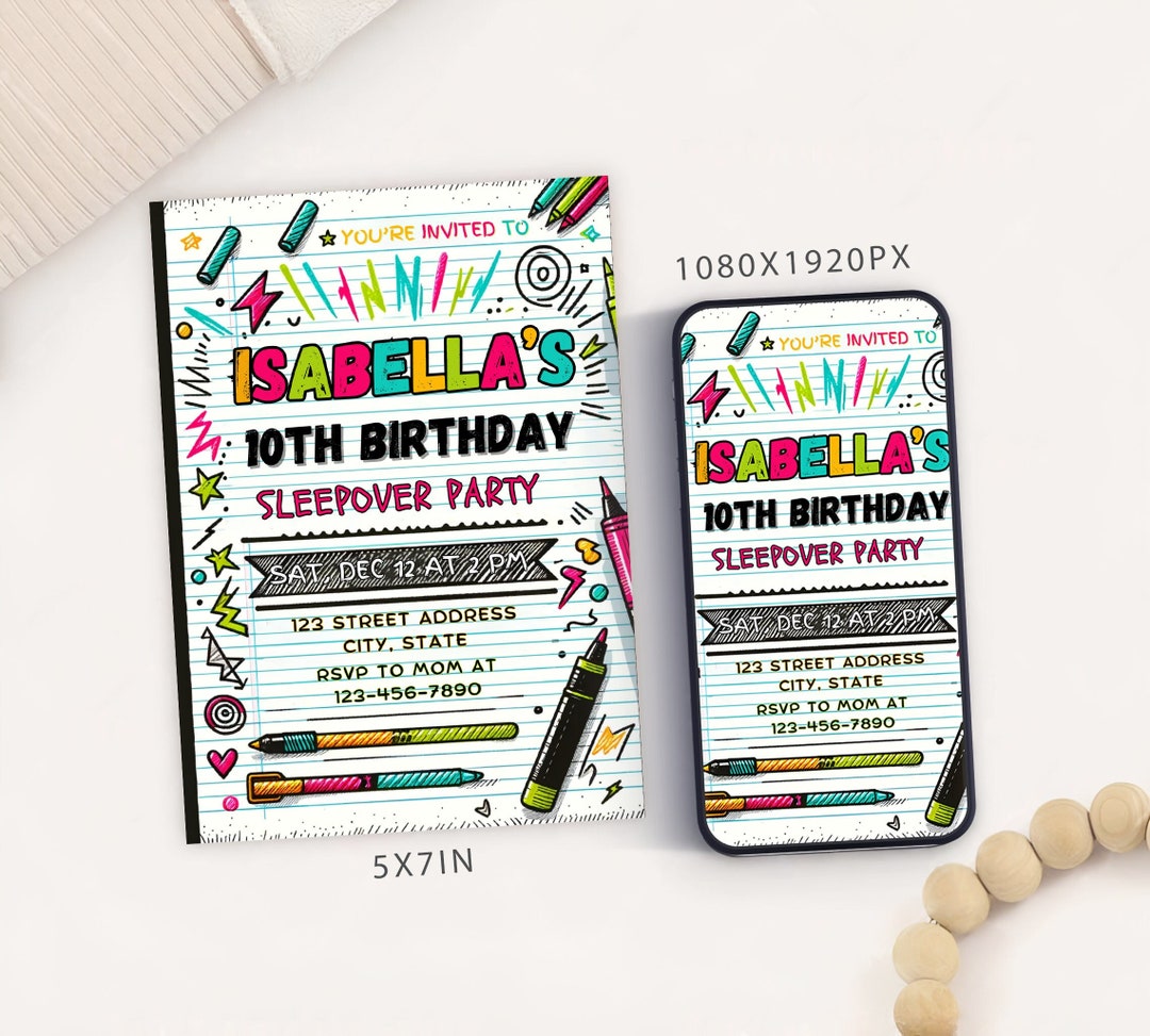 Editable Sleepover Birthday Party Doodle Invitation Card Template ...