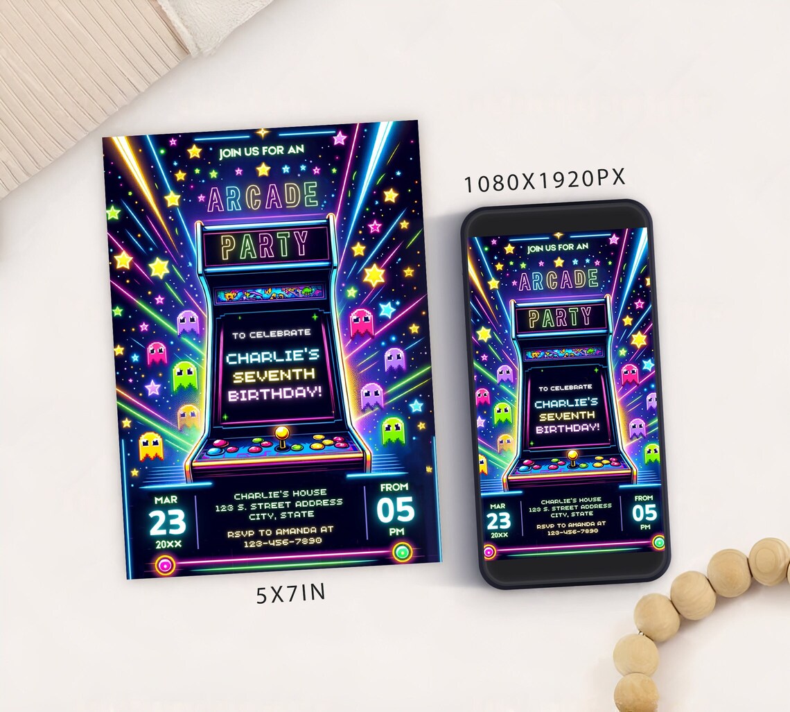 Editable Arcade Party Birthday Invitation Card Printable Template ...