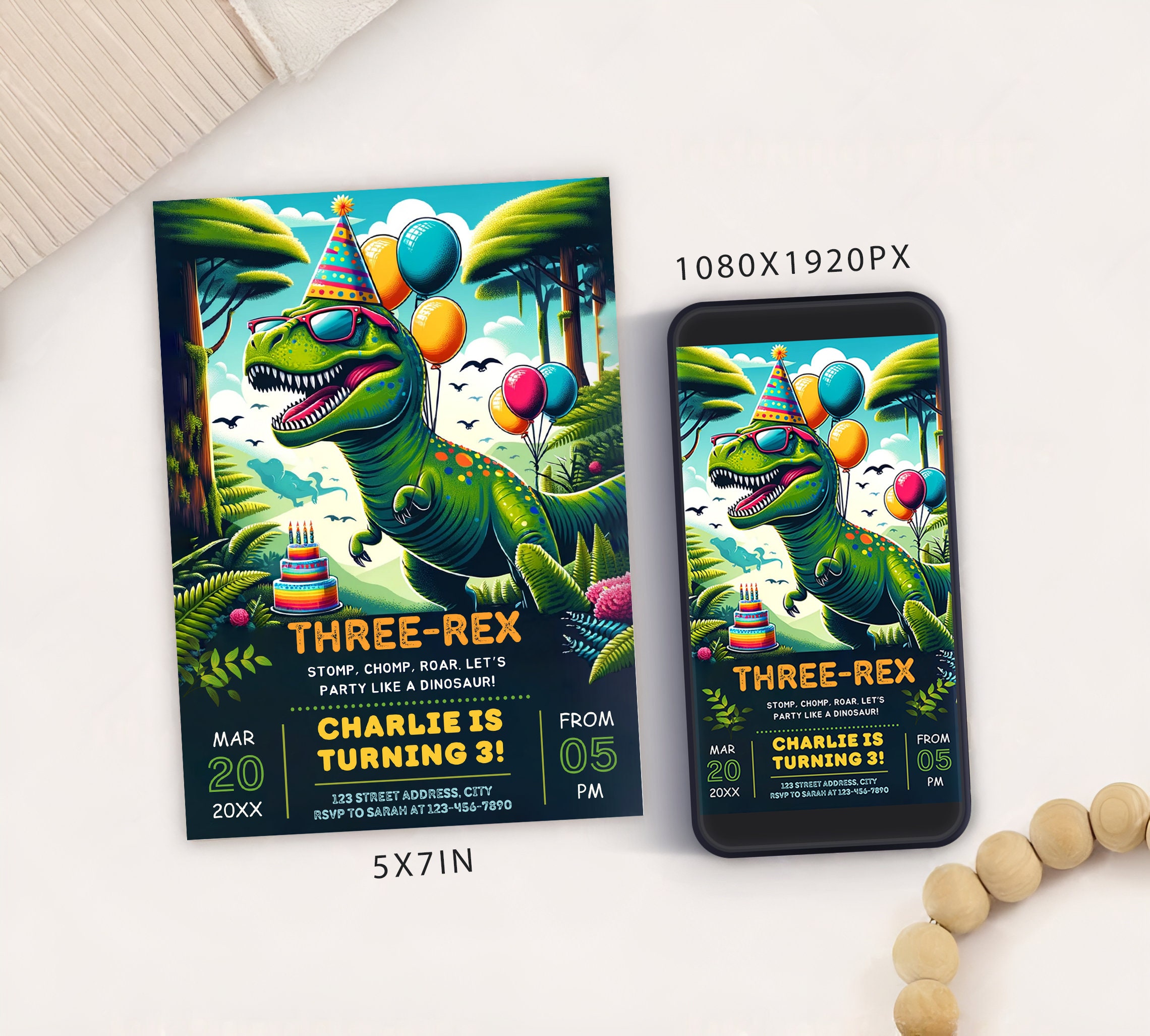 Editable Three Rex Third Birthday Party Bundle, Invitation Card ...