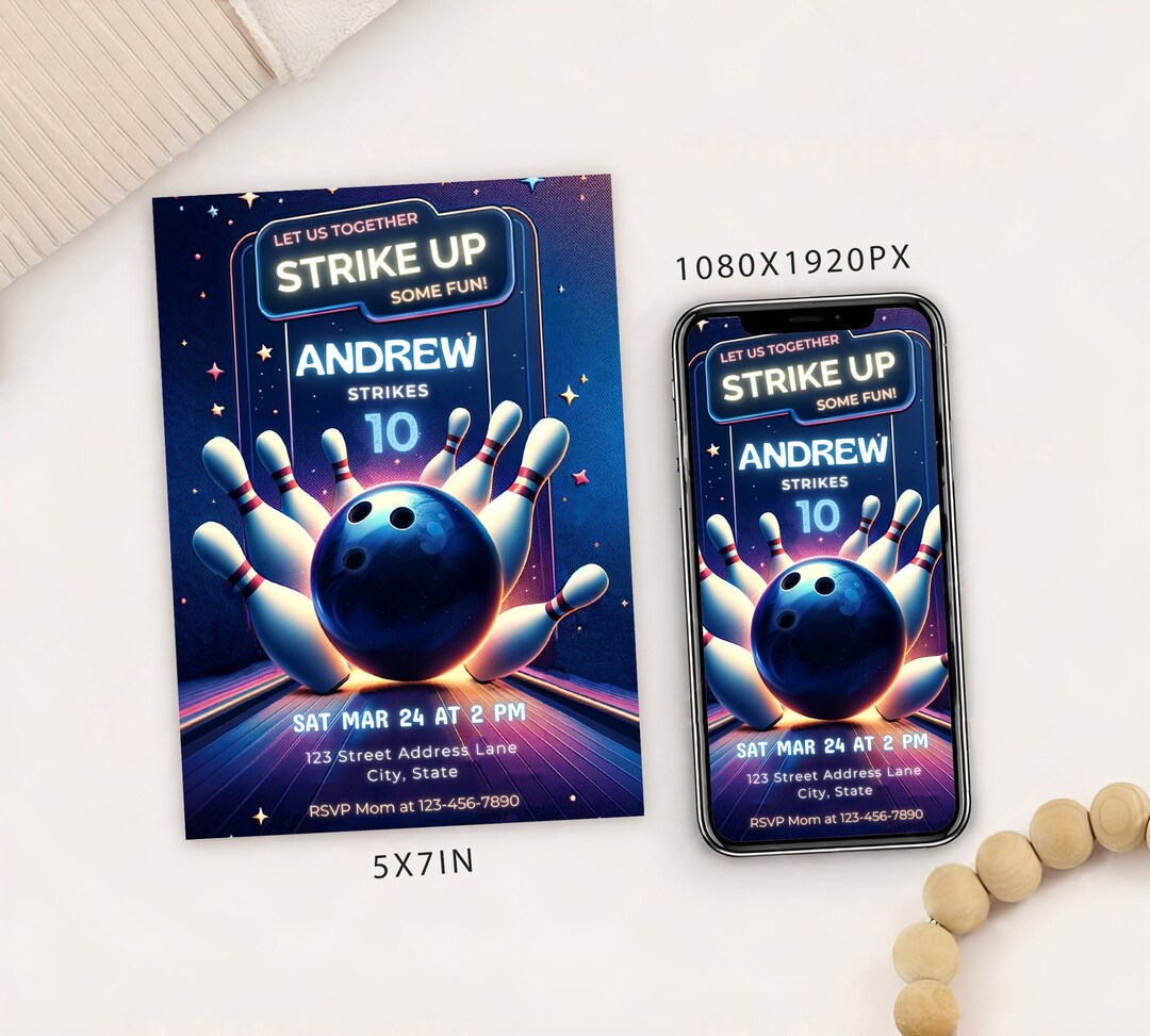 Editable Bowling Themed Birthday Party Invitation Card Template ...