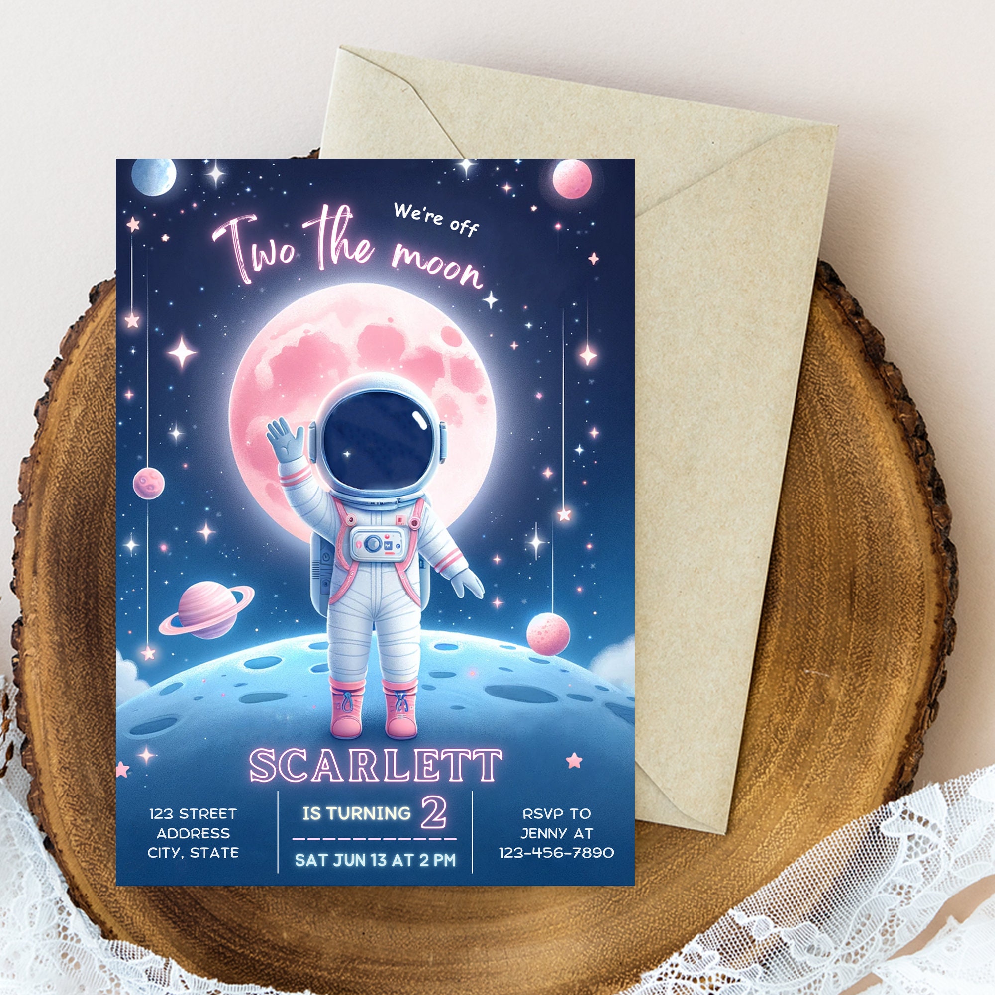 Editable Girl Two the Moon Birthday Party Invitation Card Template ...