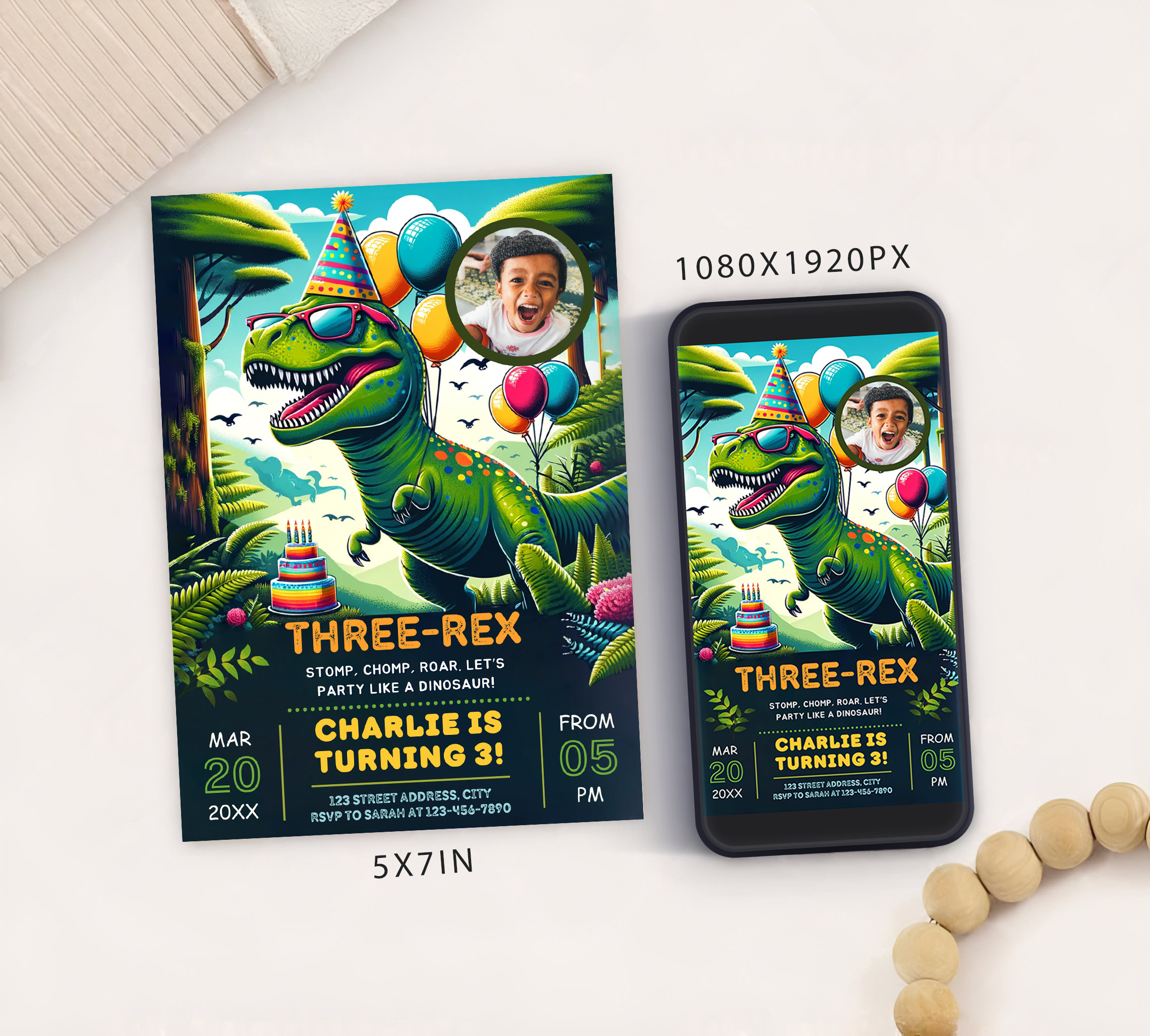 Editable Three Rex Birthday Invitation: Dinosaur Party, Photo Template ...