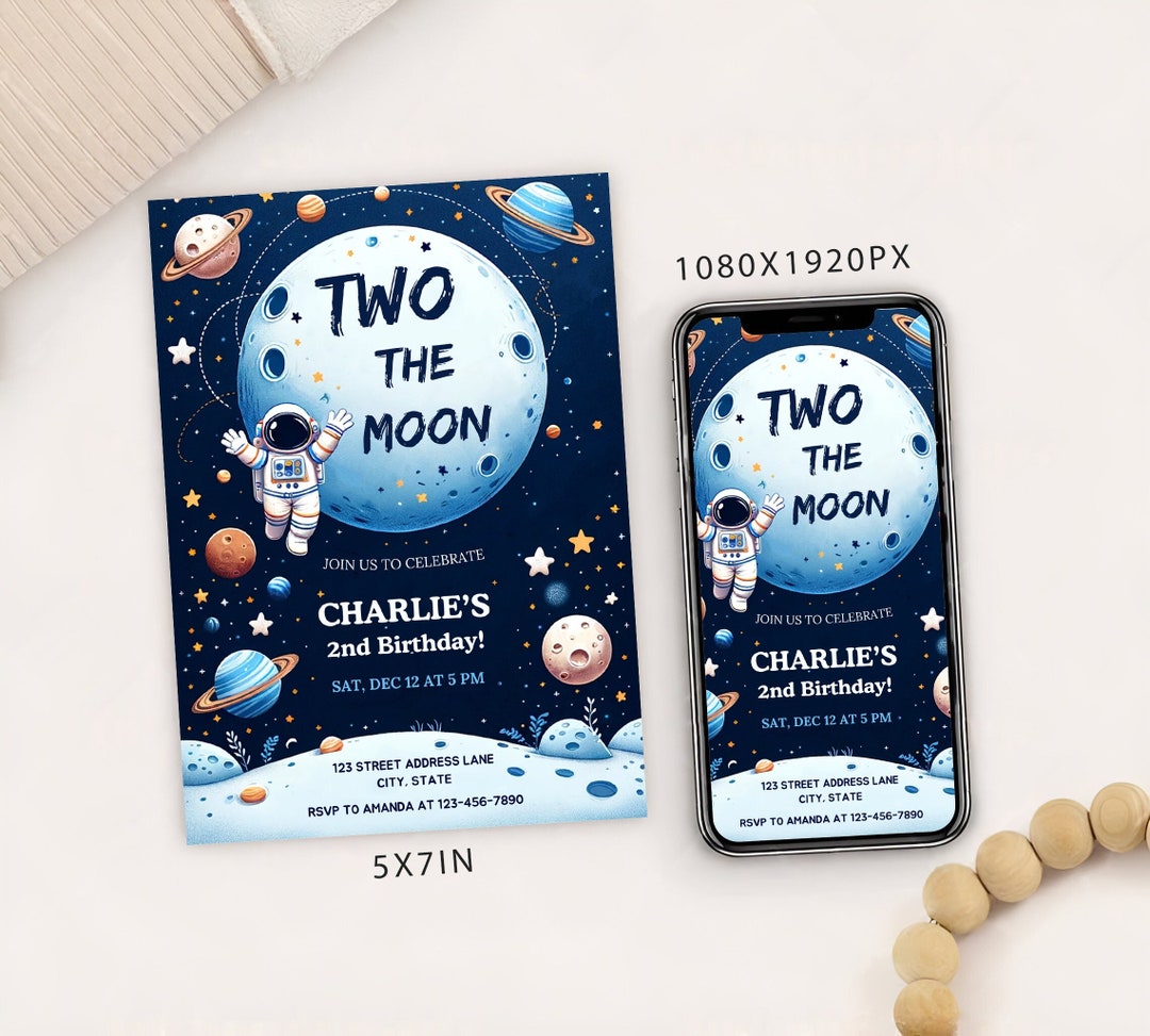 Two the Moon Birthday Invitation Template: Outer Space Theme (digital ...
