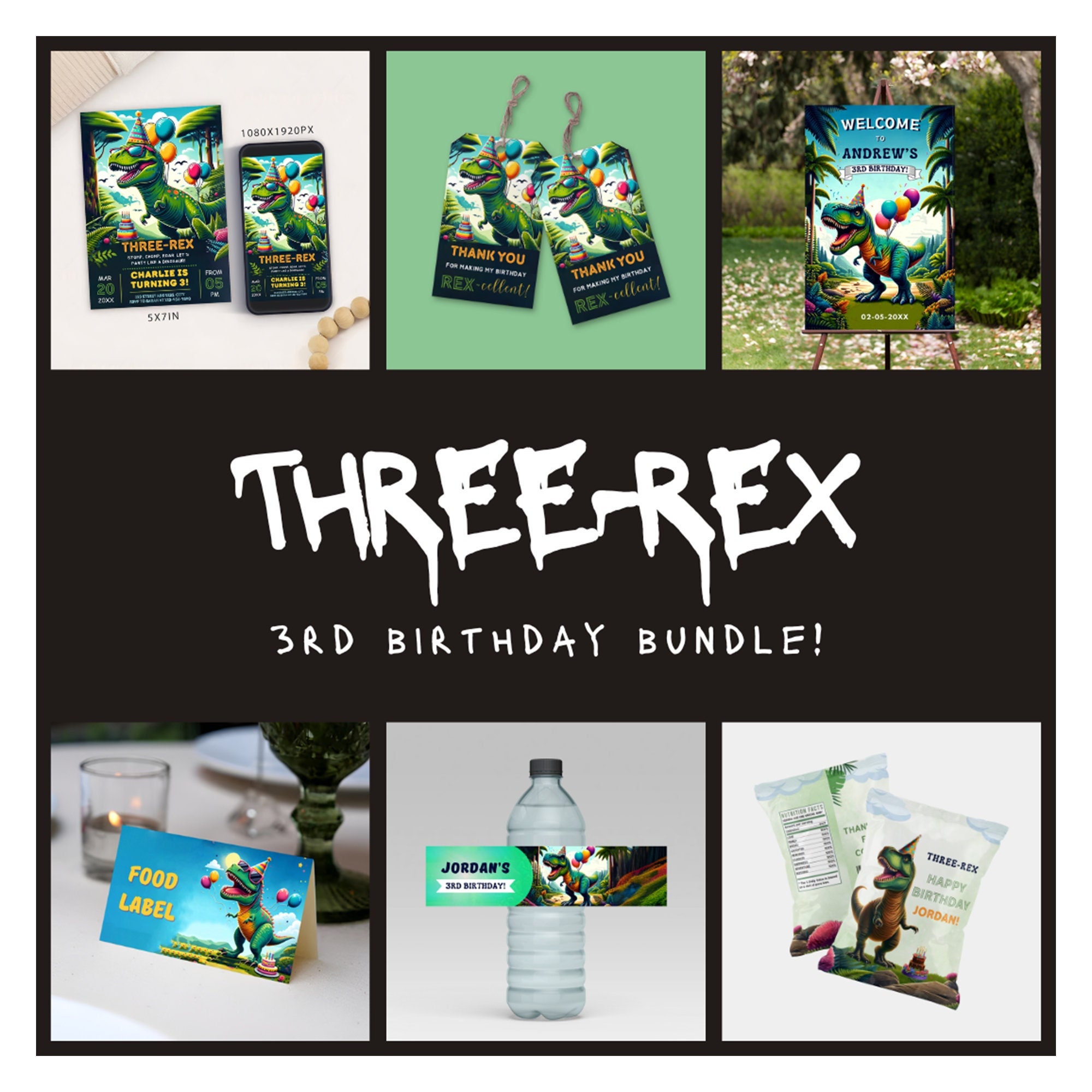 Editable Three Rex Third Birthday Party Bundle, Invitation Card ...
