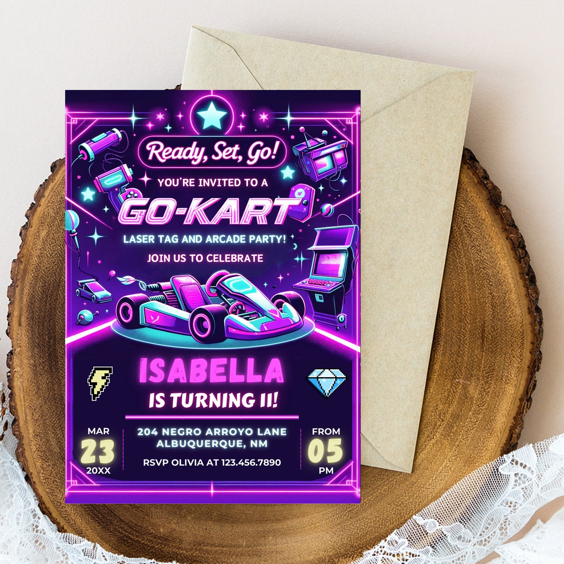 Editable Girls Go Kart, Laser Tag & Arcade Party Invitation Card ...