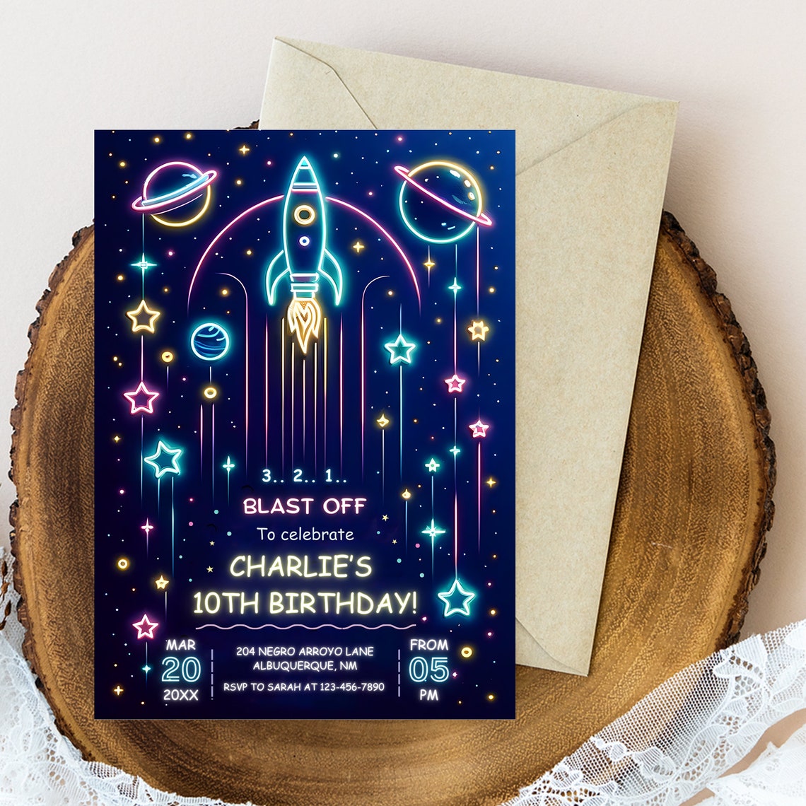 Editable Outer Space Galaxy Birthday Party Invitation Card Template ...